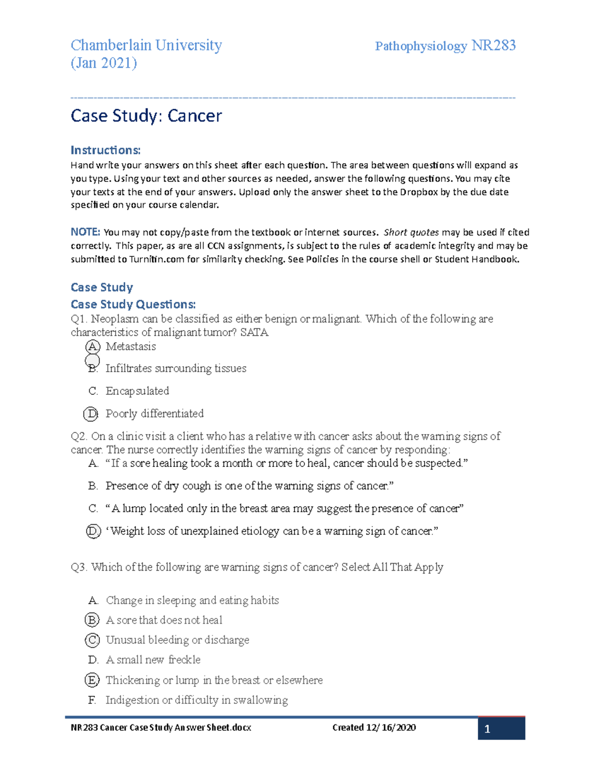 NR283 Case Study Cancer - (Jan 2021) - Case Study: Cancer Instructions ...