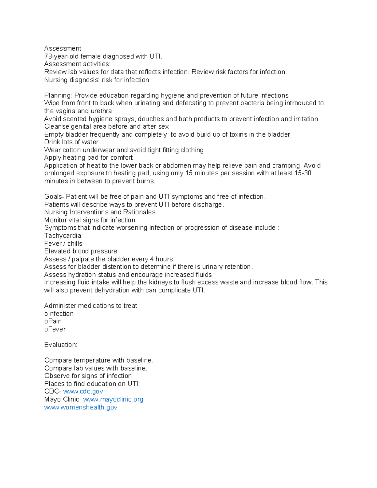 Teaching plan - n/a - Assessment 78-year-old female diagnosed with UTI ...