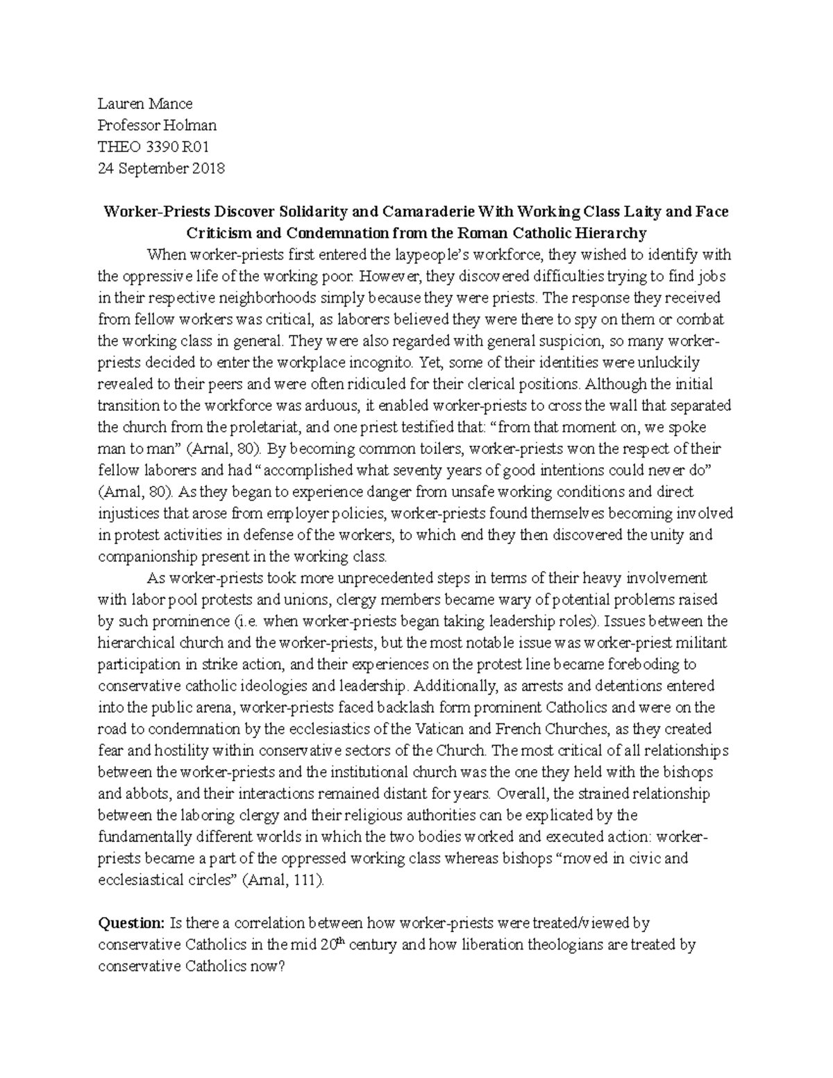 Discussion Paper 3 - Grade: A+ - Lauren Mance Professor Holman THEO ...