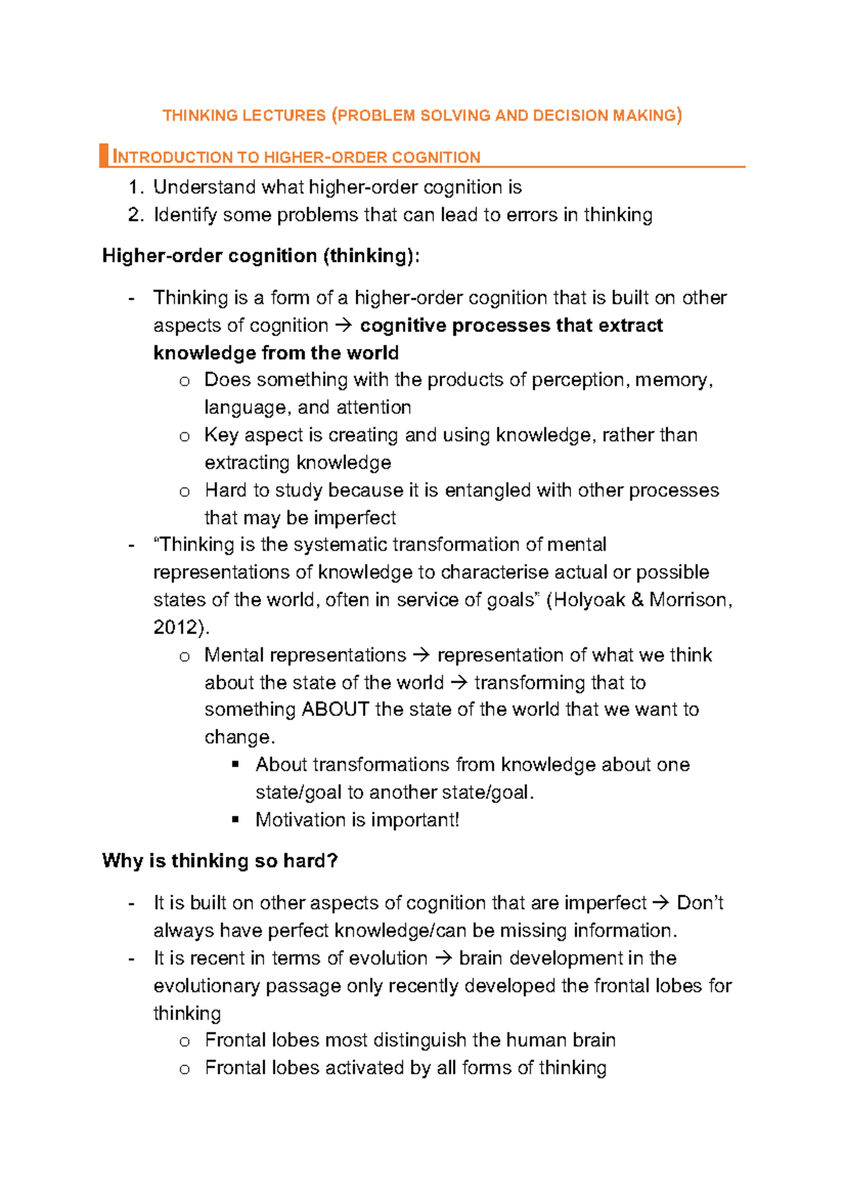 PSYC2016 - Lecture notes covering 'Thinking' and 'Memory' - THINKING ...