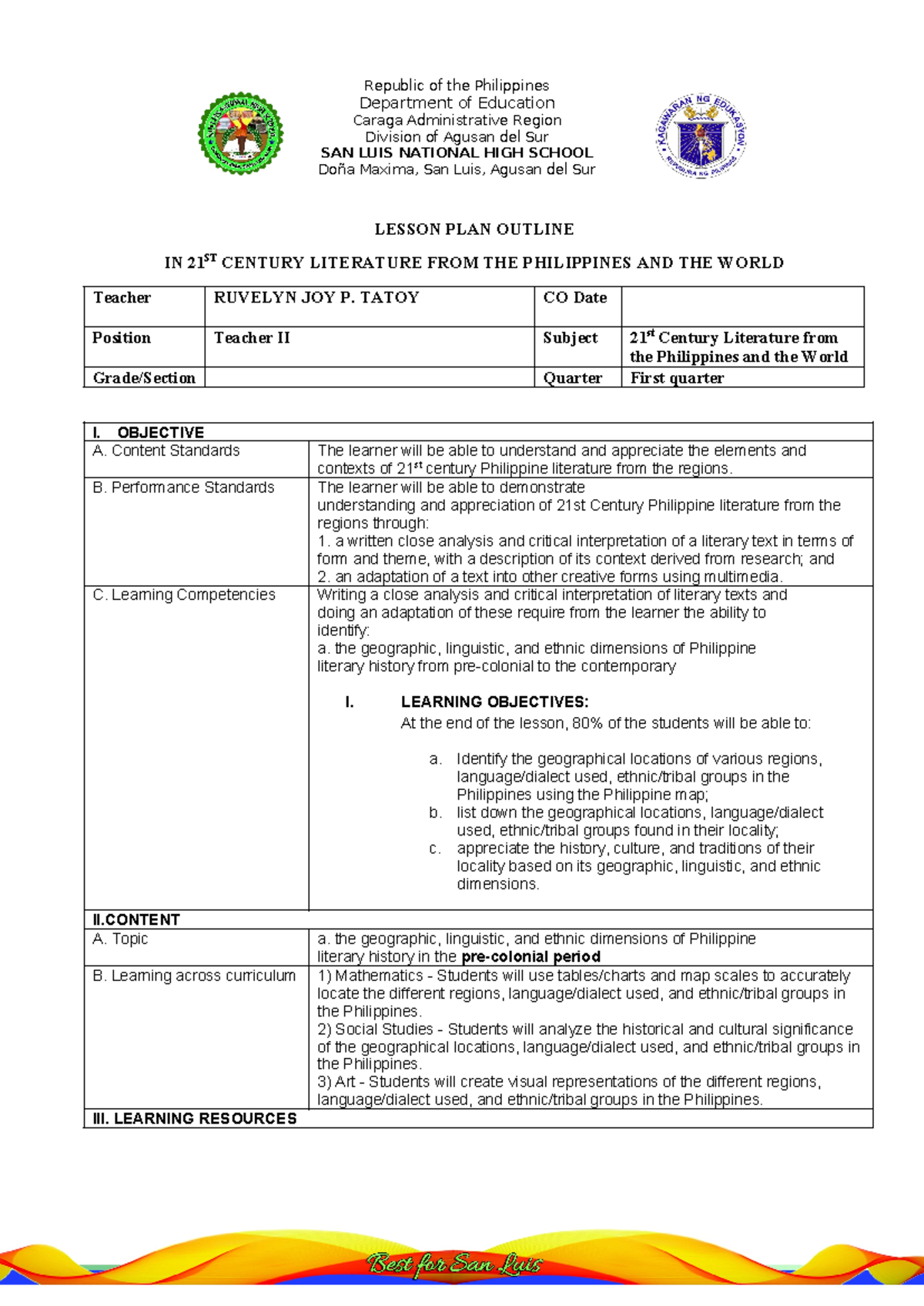 LP- COT 1-SHS 21st Literature (PRE- Colonial Period) Tatoy - Final - LESSON PLAN OUTLINE IN 21ST ...