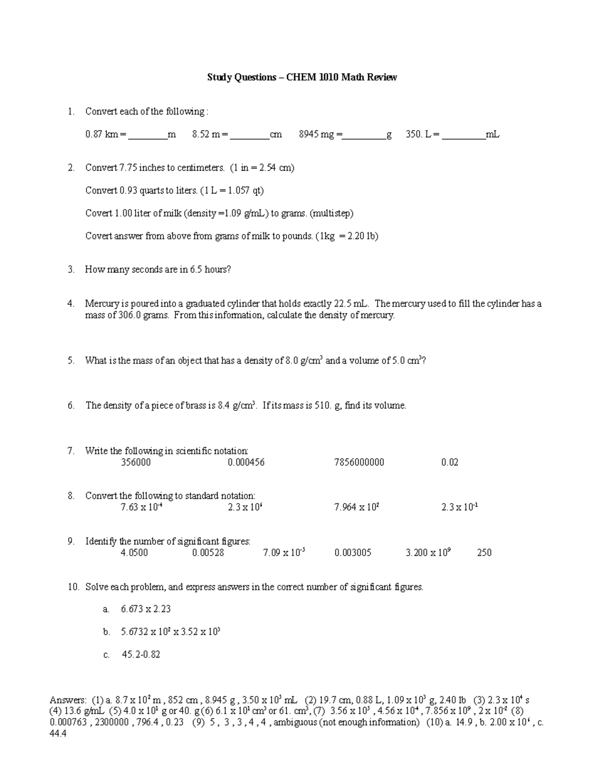 CHEM 1010 UNIT 1 Math Review - Study Questions – CHEM 1010 Math Review ...