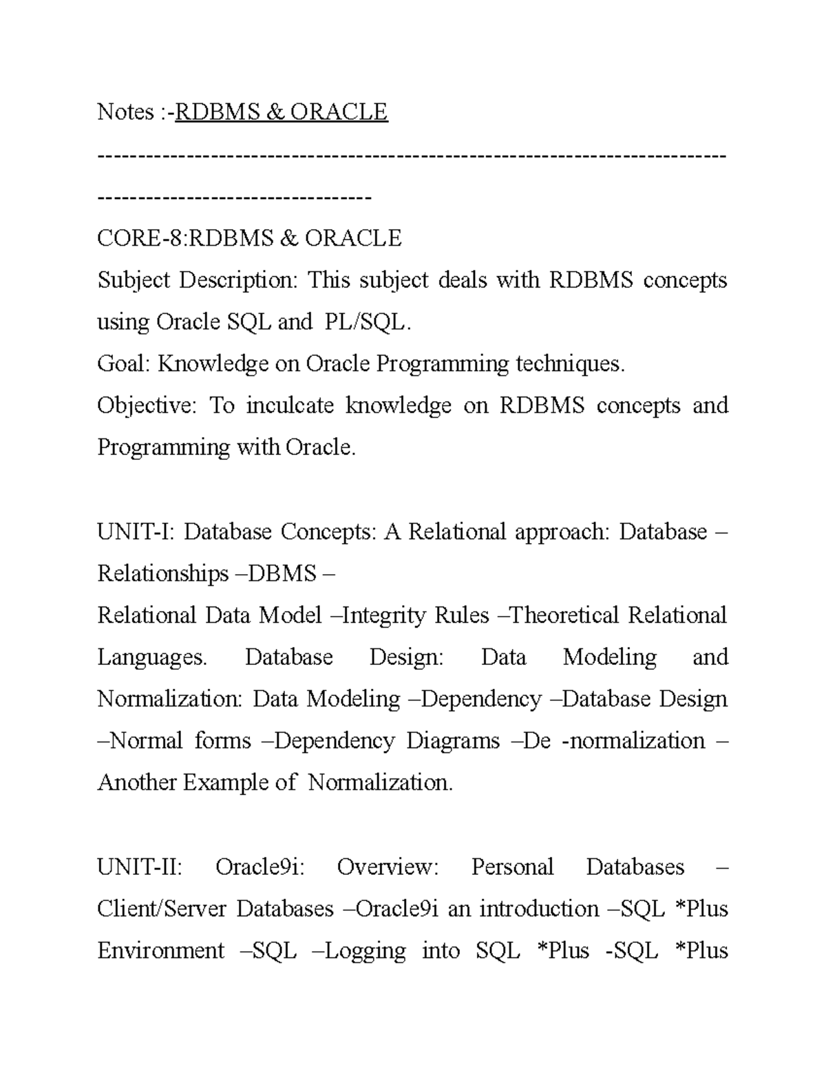 Updated u3 rdbms - Unit 3 - Notes :-RDBMS & ORACLE - CORE-8:RDBMS ...