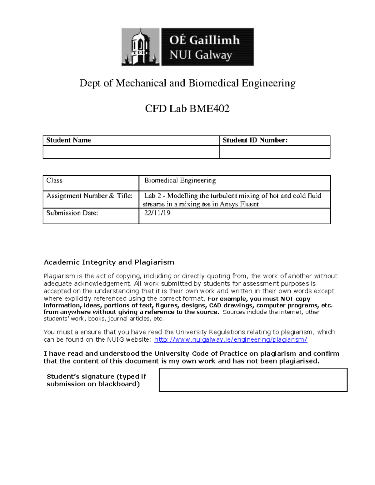 BME402 CFD Lab 2 - Lab - Dept of Mechanical and Biomedical Engineering CFD Lab BME 402 Student ...