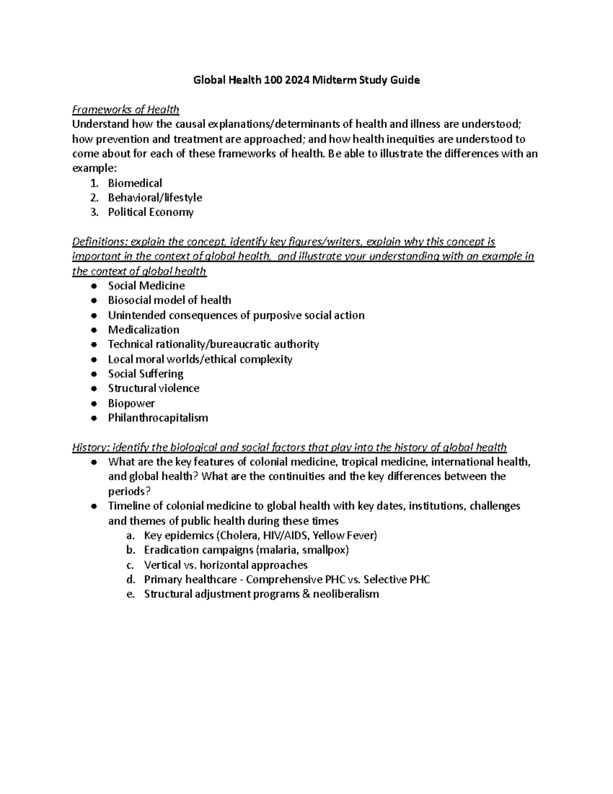 Global Health 100 2024 Midterm Study Guide - Global Health 100 2024 ...