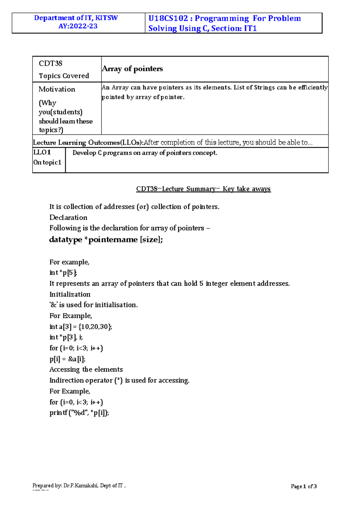 CDT38 - Very important notes - Prepared by: Dr.P, Dept of IT , KITSW ...