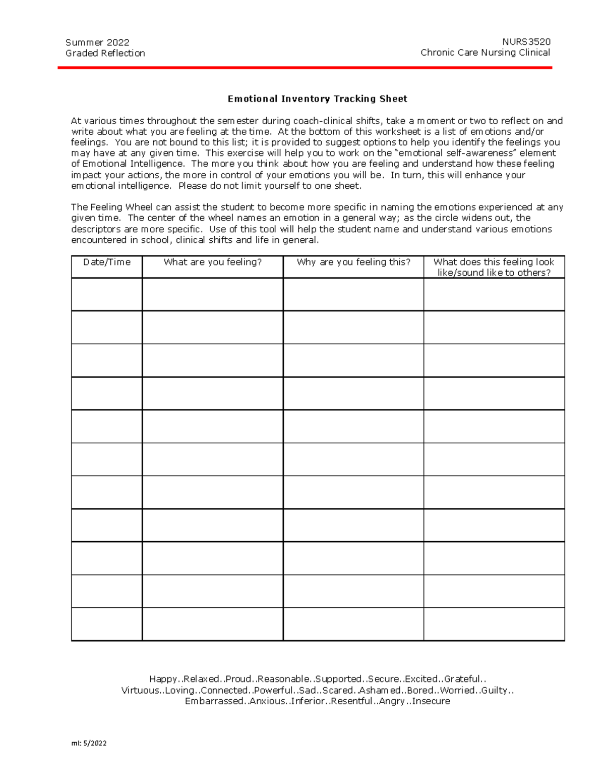 Emotional Inventory Tracking Sheet - ml: 5/ NURS35 20 Chronic Care ...