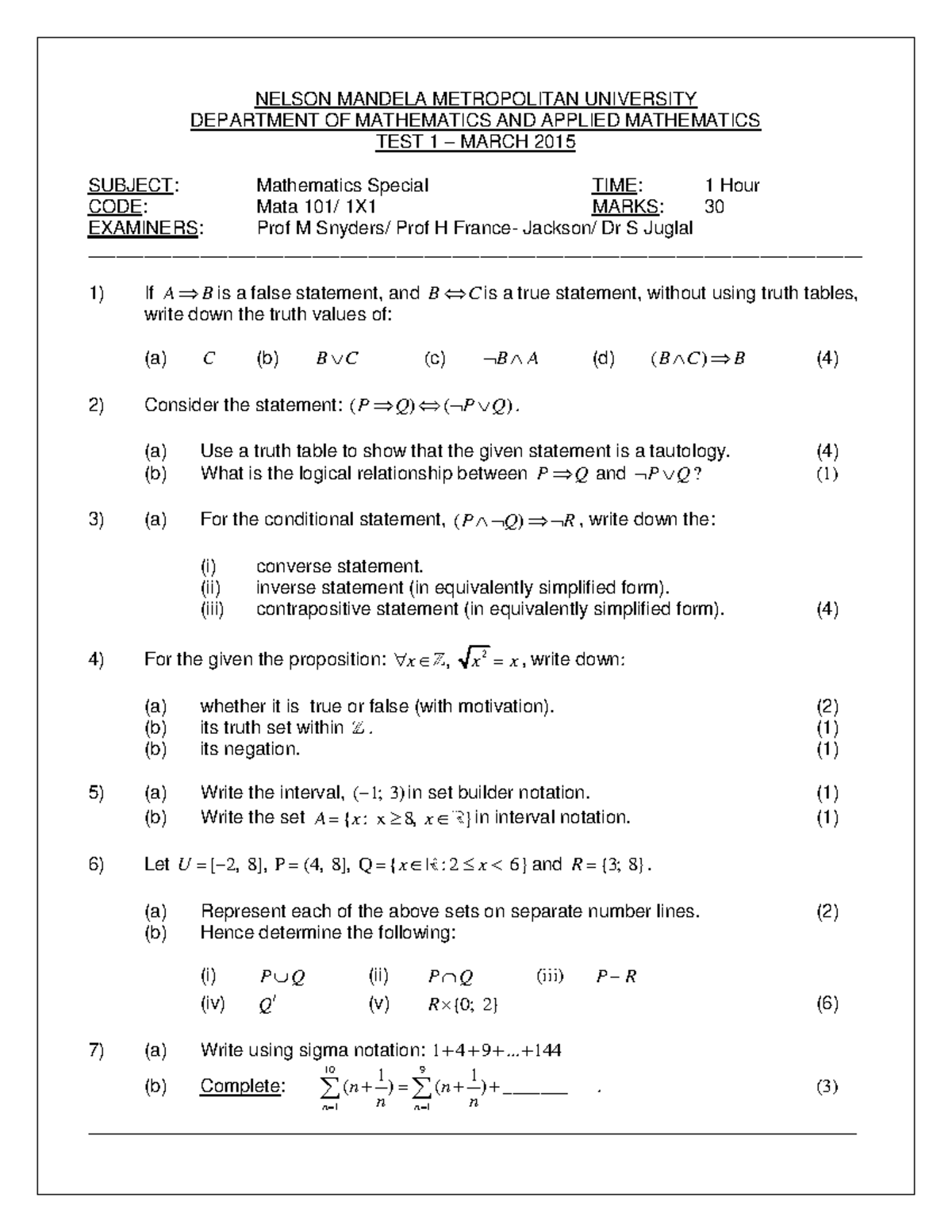 Test 1 2015, questions and answers - NELSON MANDELA METROPOLITAN ...