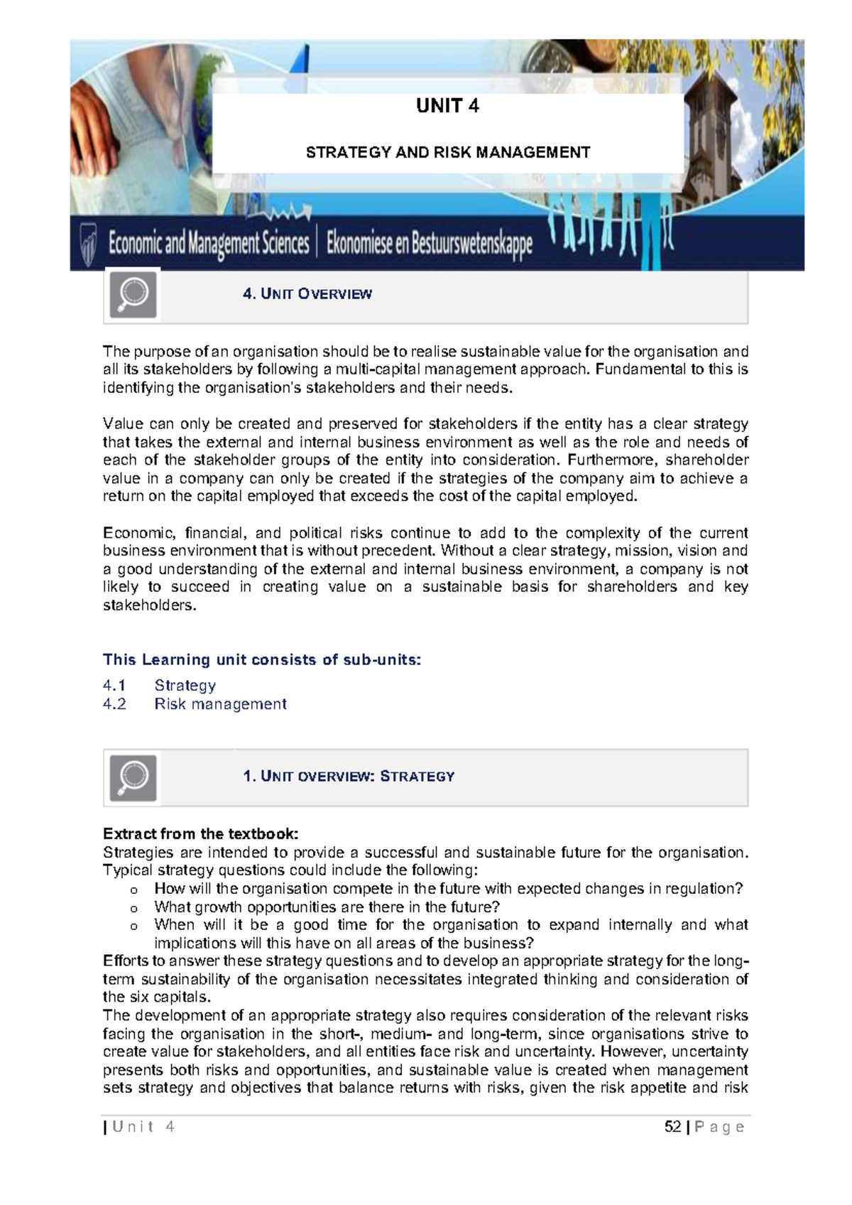 Unit 4 - guide Strategy - 4. U NIT O VERVIEW The purpose of an ...