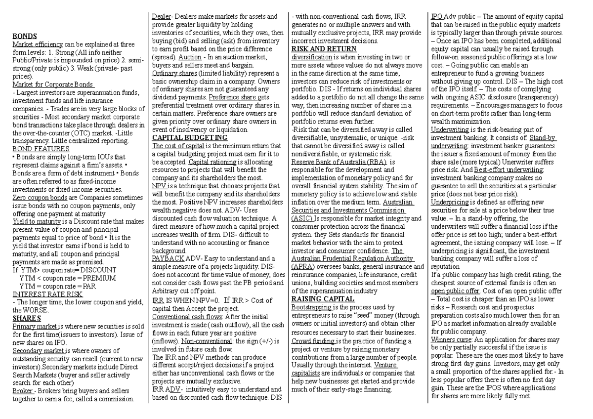Finance Reference Sheet 2 - BONDS Market efficiency can be explained at ...