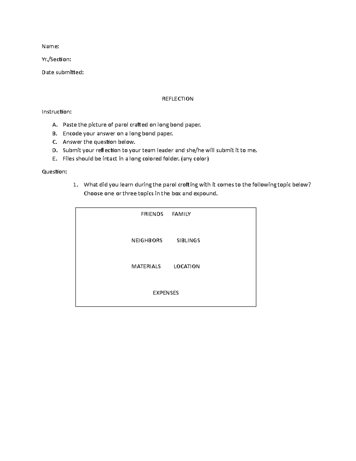 Reflection paper - sgrwAGEgarg - Name: Yr./Section: Date submitted ...
