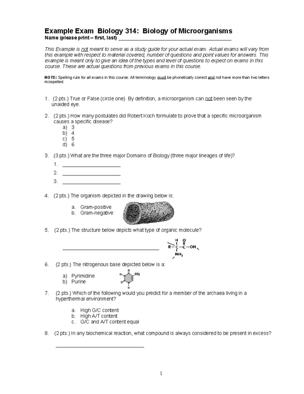 Biol 314 Example Exam - Bio 314 practice exam - Example Exam Biology ...