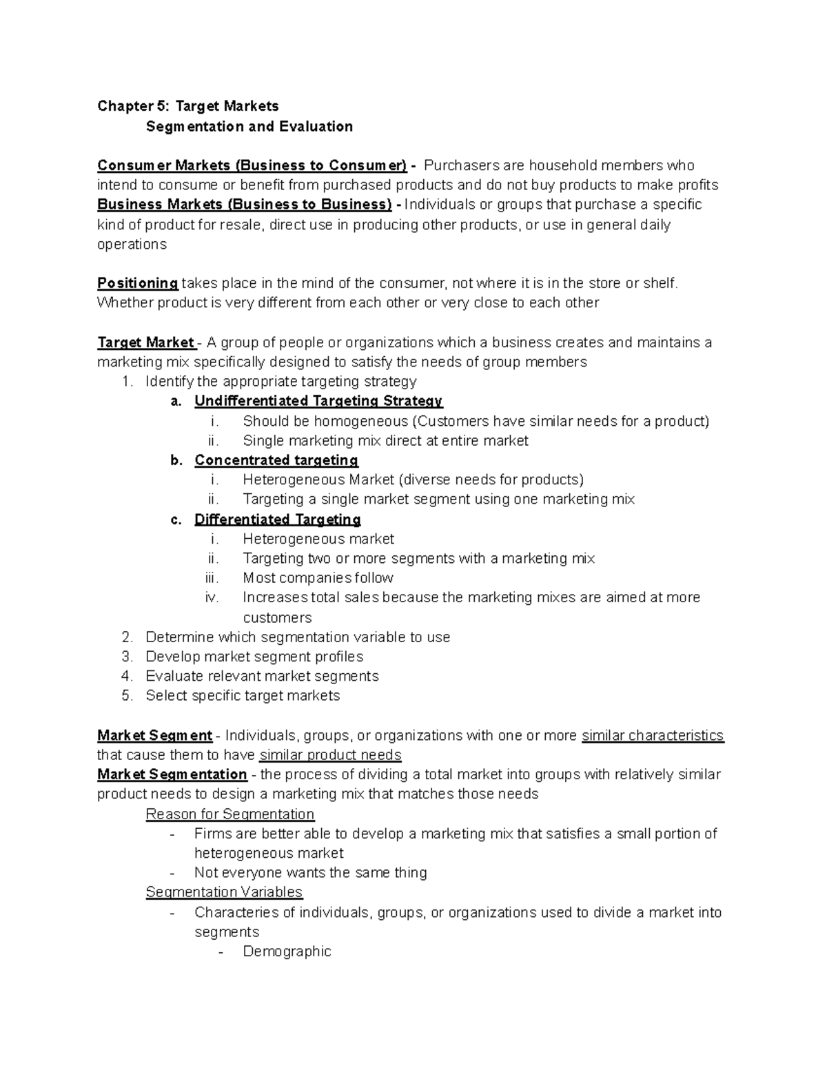 Mktg 351 test review - Chapter 5: Target Markets Segmentation and ...