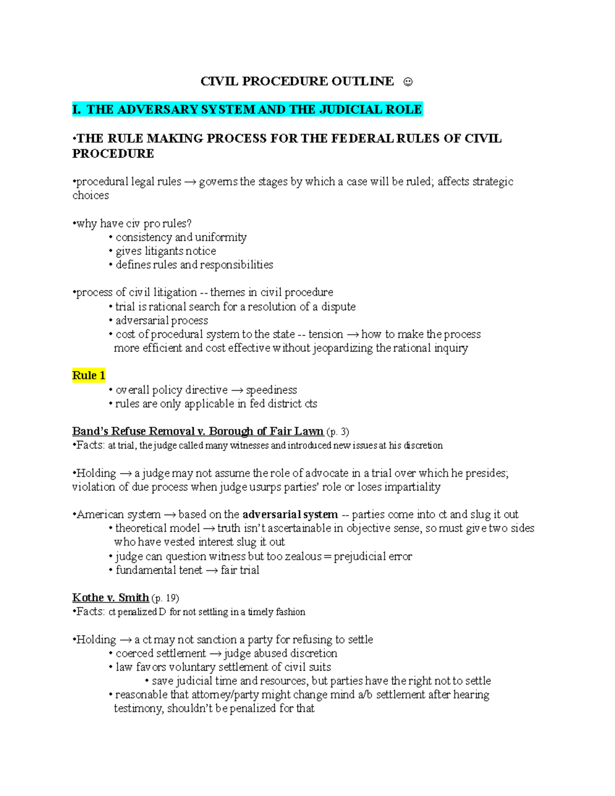 Civil Procedure Outline 1 - CIVIL PROCEDURE OUTLINE ☺ I. THE ADVERSARY ...