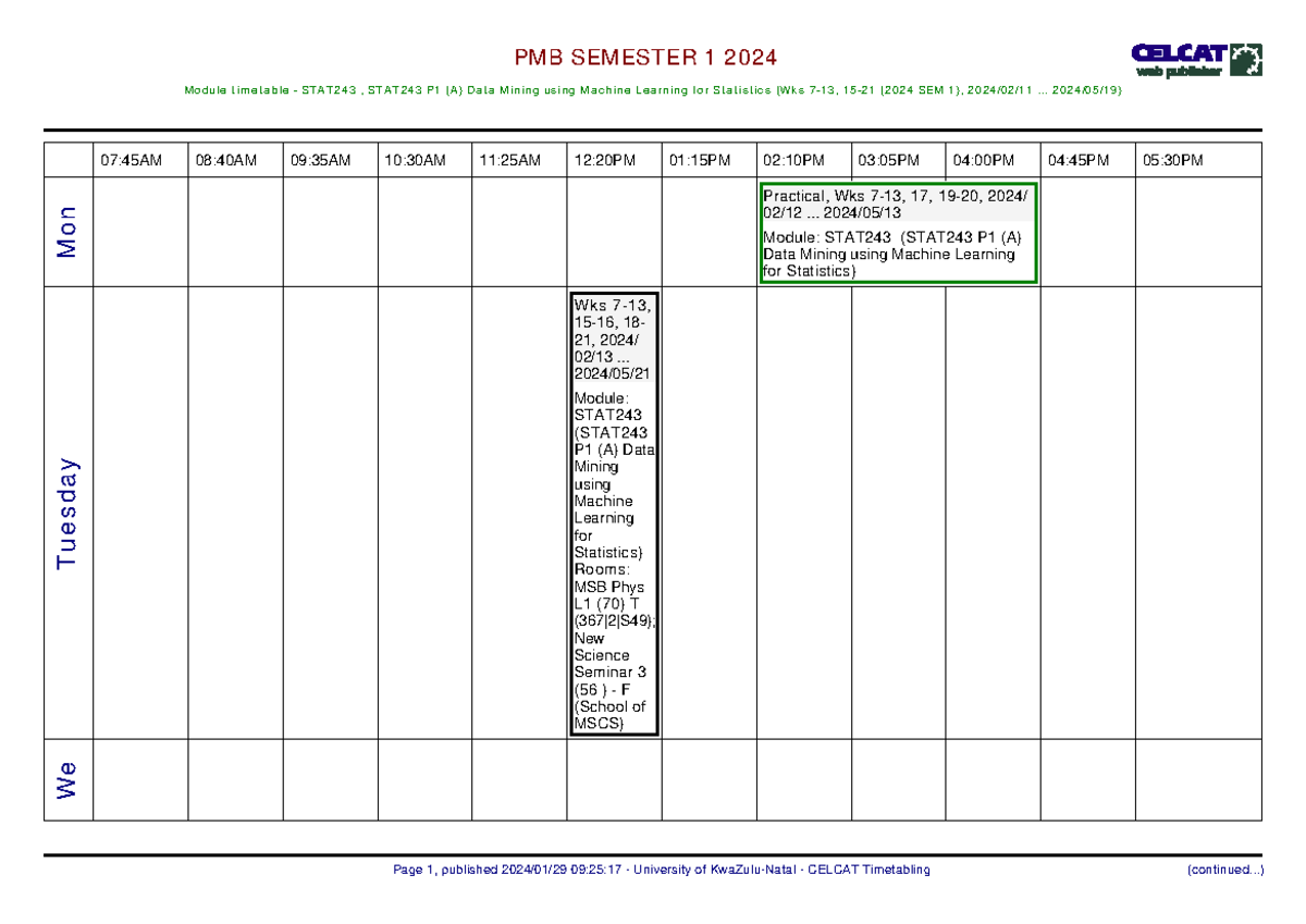 Stat242 - Lecture timetable - PMB SEMESTER 1 2024 Module timetable ...