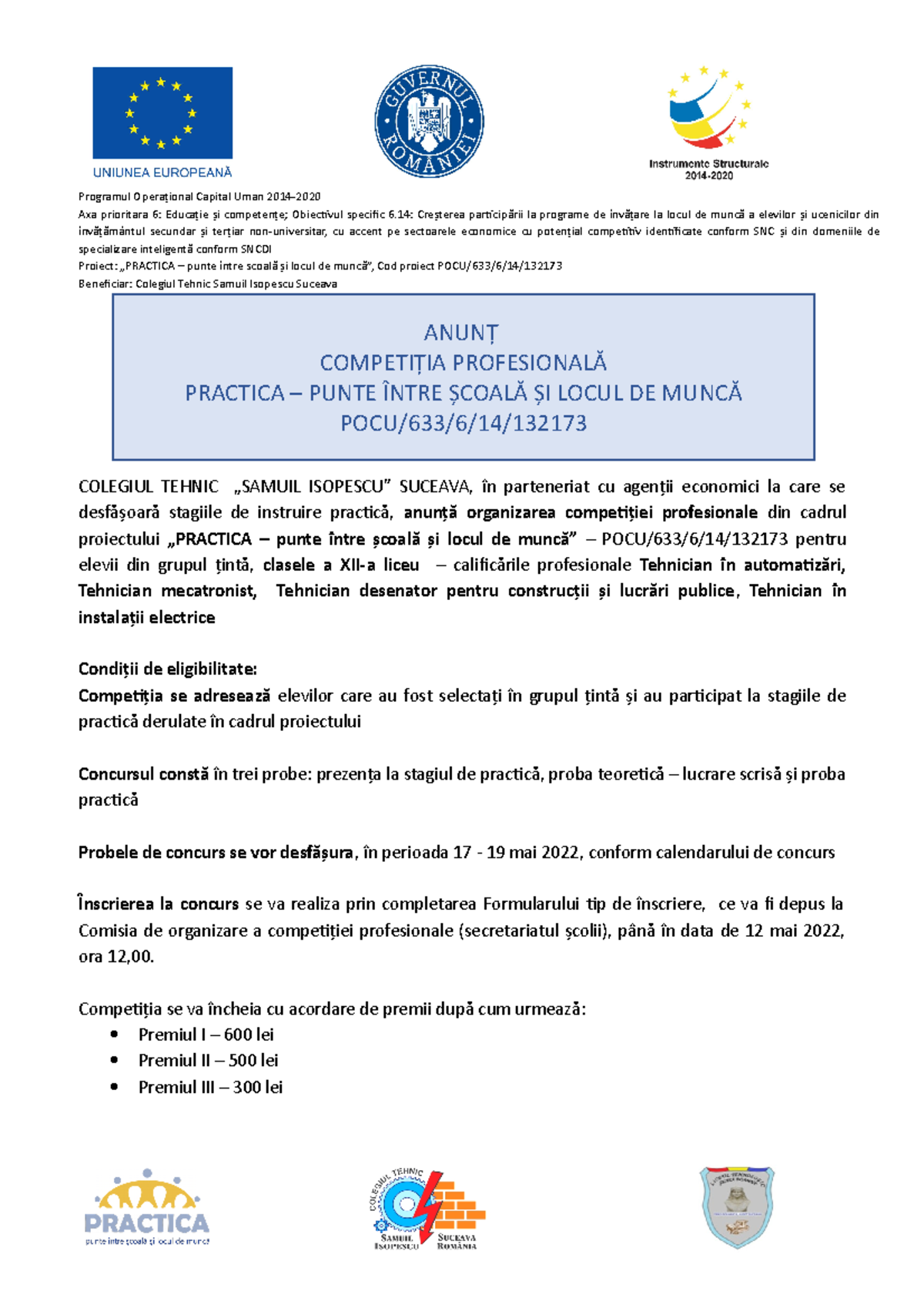 Anunt competiție profesională clasa XII-a mai 2022 - Programul ...