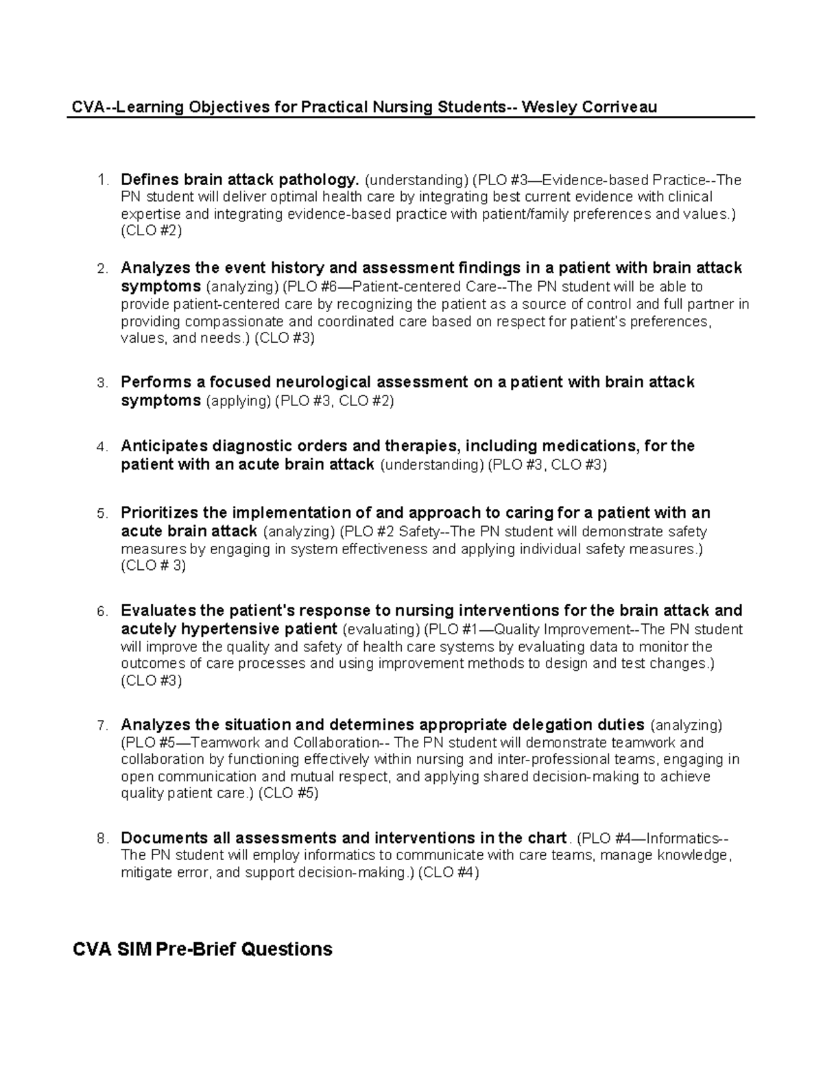 CVA SIM Objectives and Pre-brief Questions - CVA-Learning Objectives ...