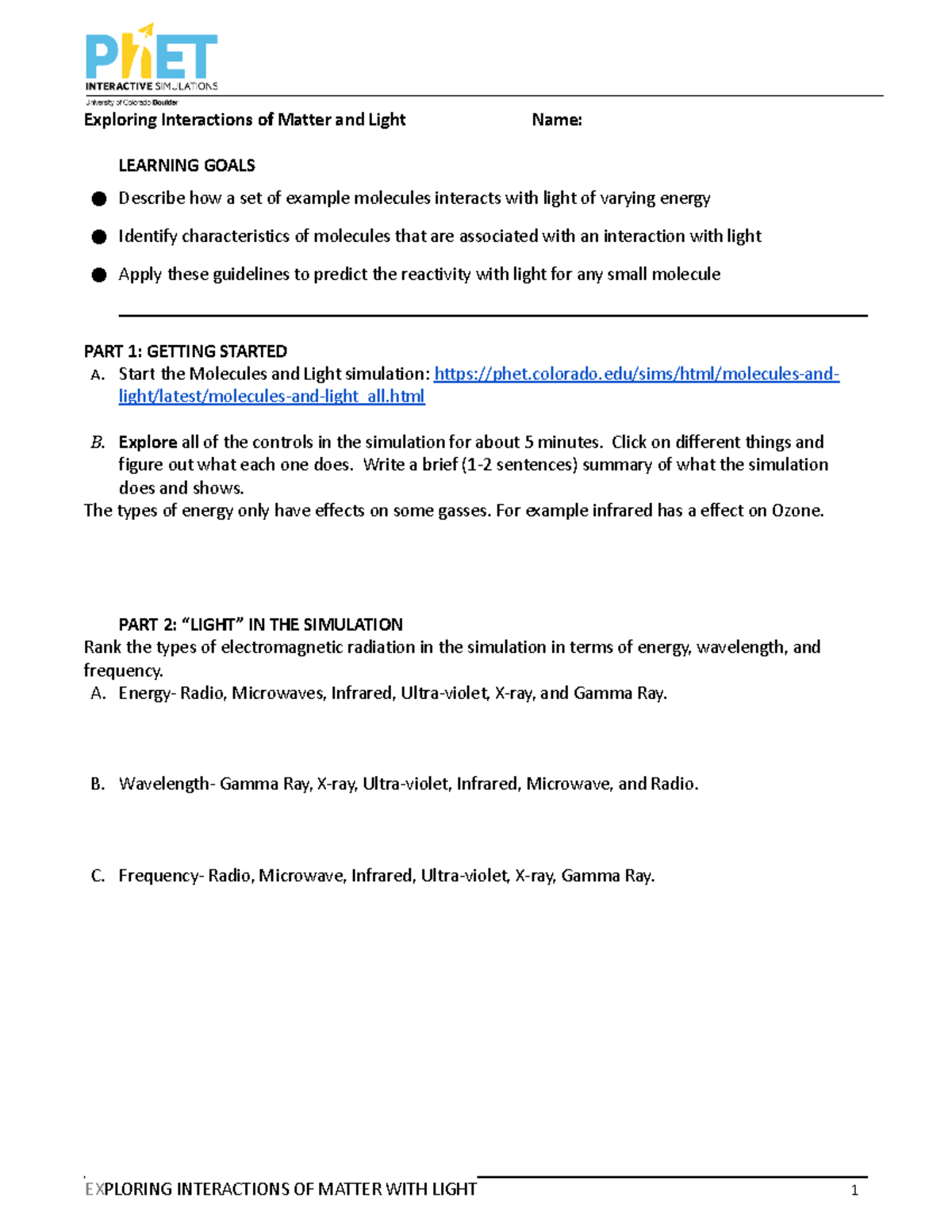 Molecules And Light Guided Inquiry - Exploring Interactions of Matter ...