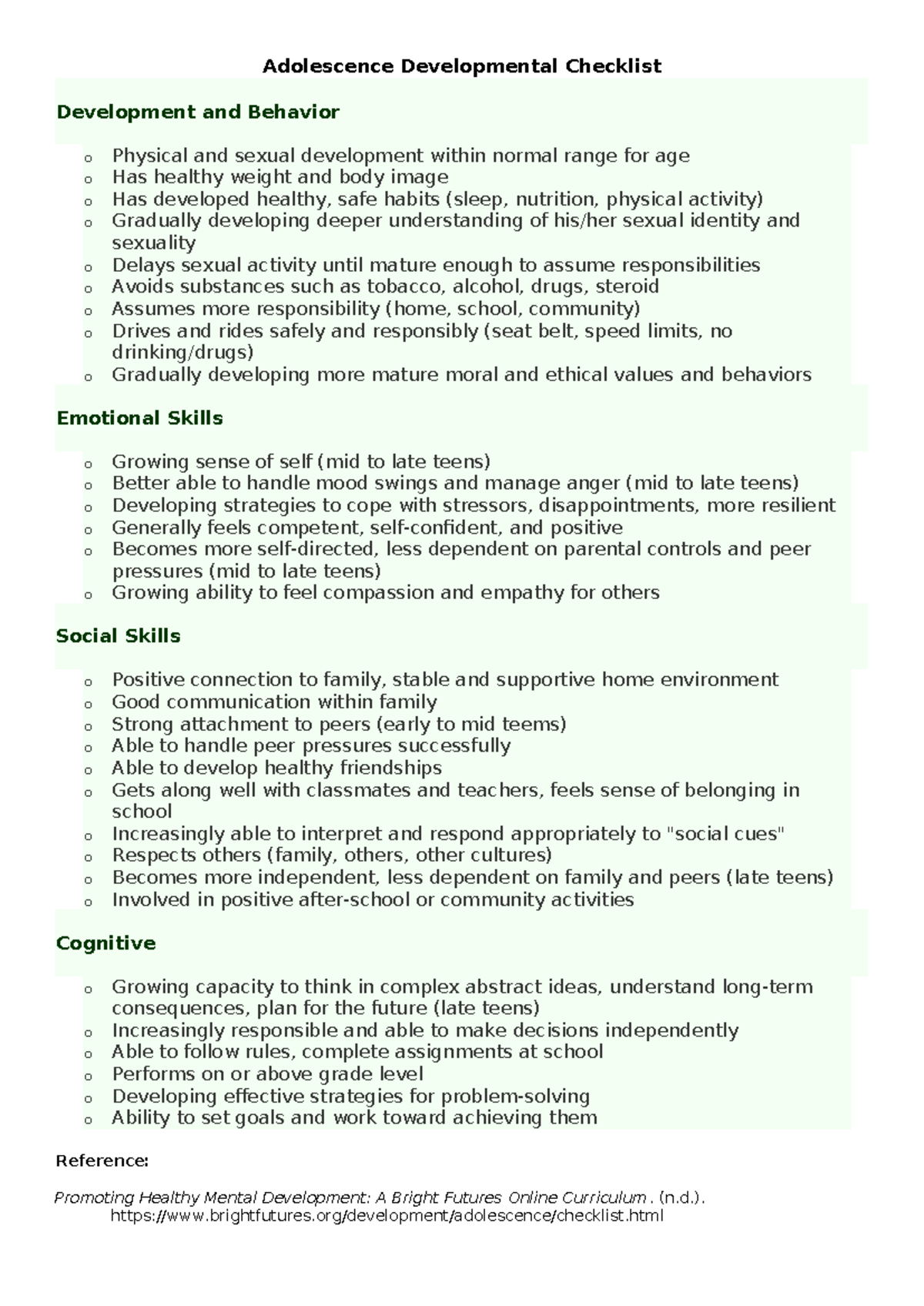 Adolescence Stage Developmental Checklist - Adolescence Developmental ...