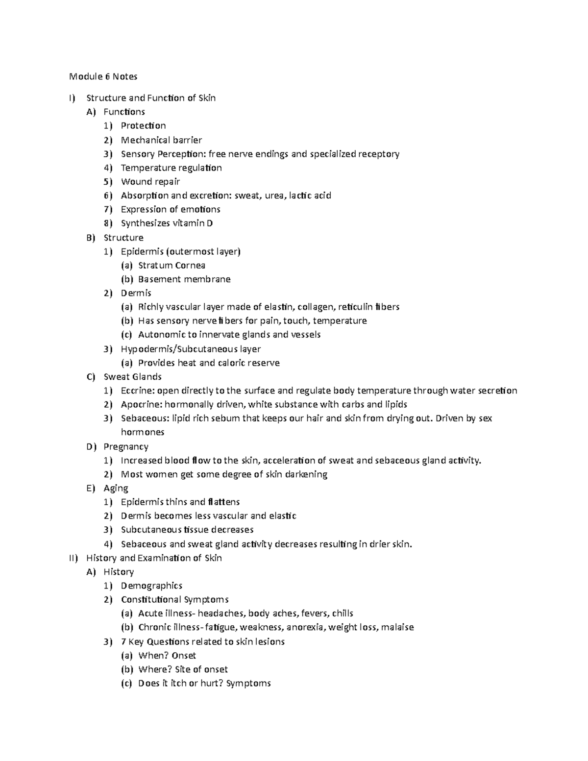Module 6 Notes Module 6 Notes I Structure And Function Of Skin A
