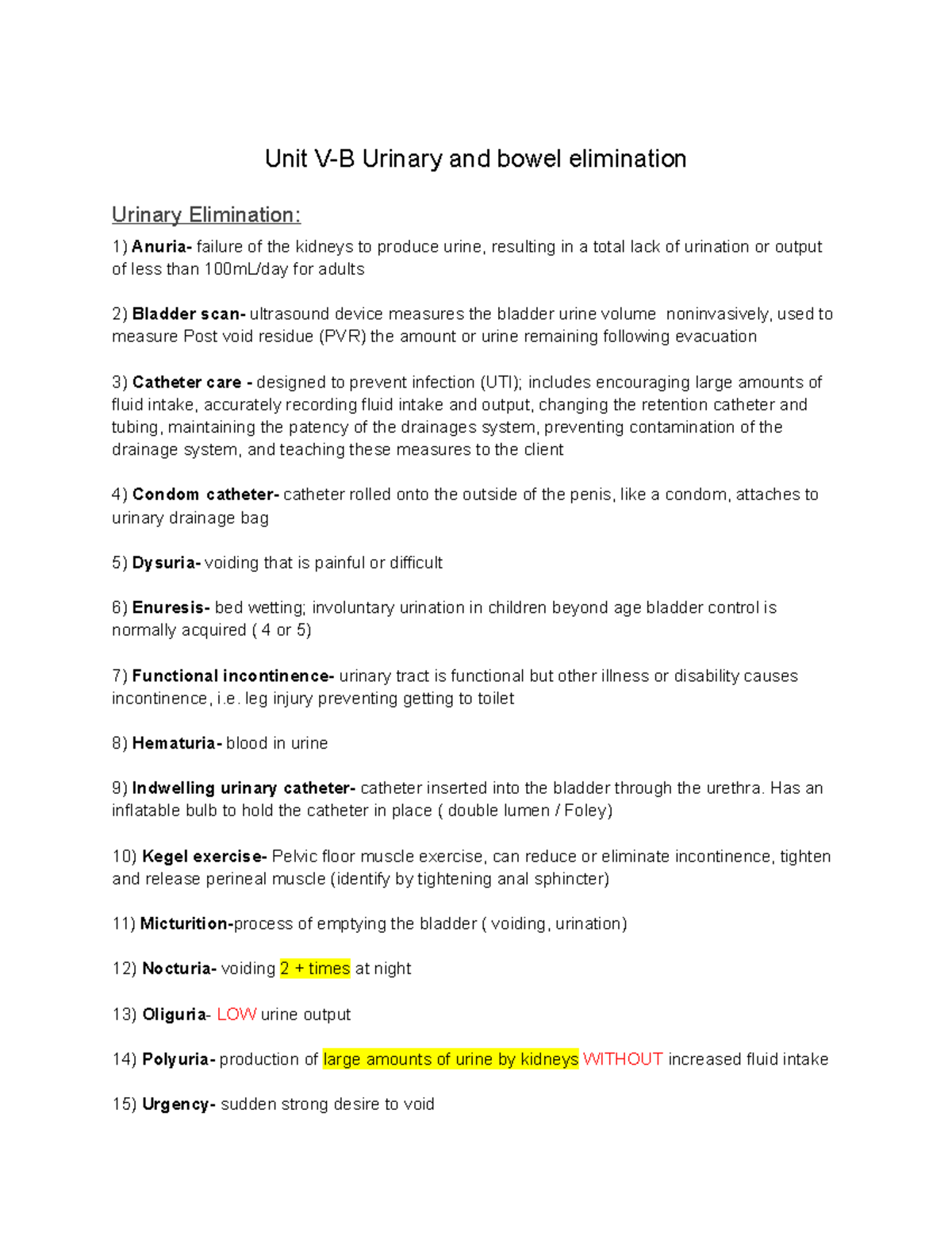 (week 3) LAB UNIT 5B - Week 3 study guide unit 5B - Unit V-B Urinary and bowel elimination ...