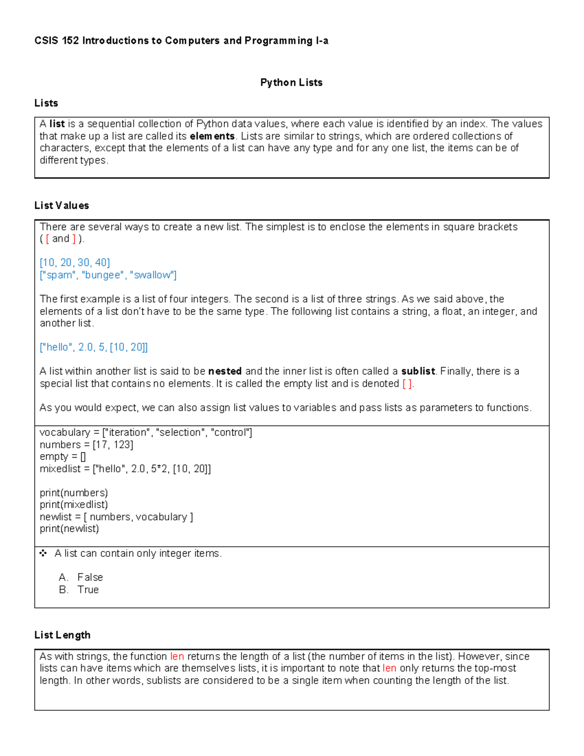 31. CSIS 152 2021-04-07-Lists - CSIS 152 Introductions to Computers and ...