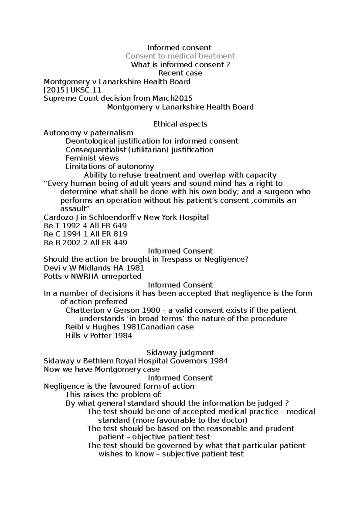 Informed consent - lecture notes - Informed consent Consent to medical ...