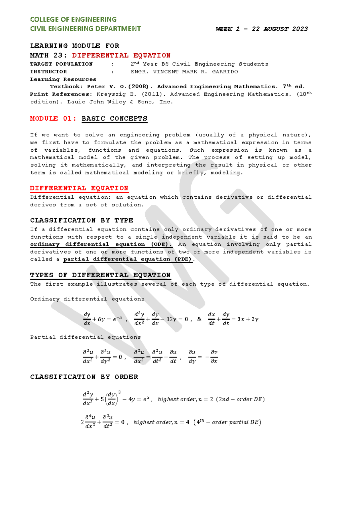 Math 23 DE Module 1 - Hope this can help - COLLEGE OF ENGINEERING CIVIL ...