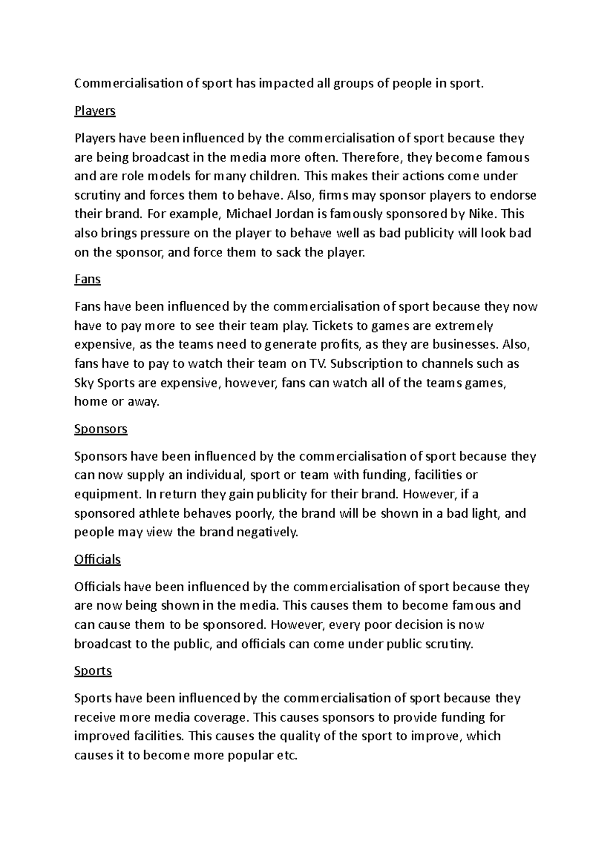 Commercialisation notes - Commercialisation of sport has impacted all ...