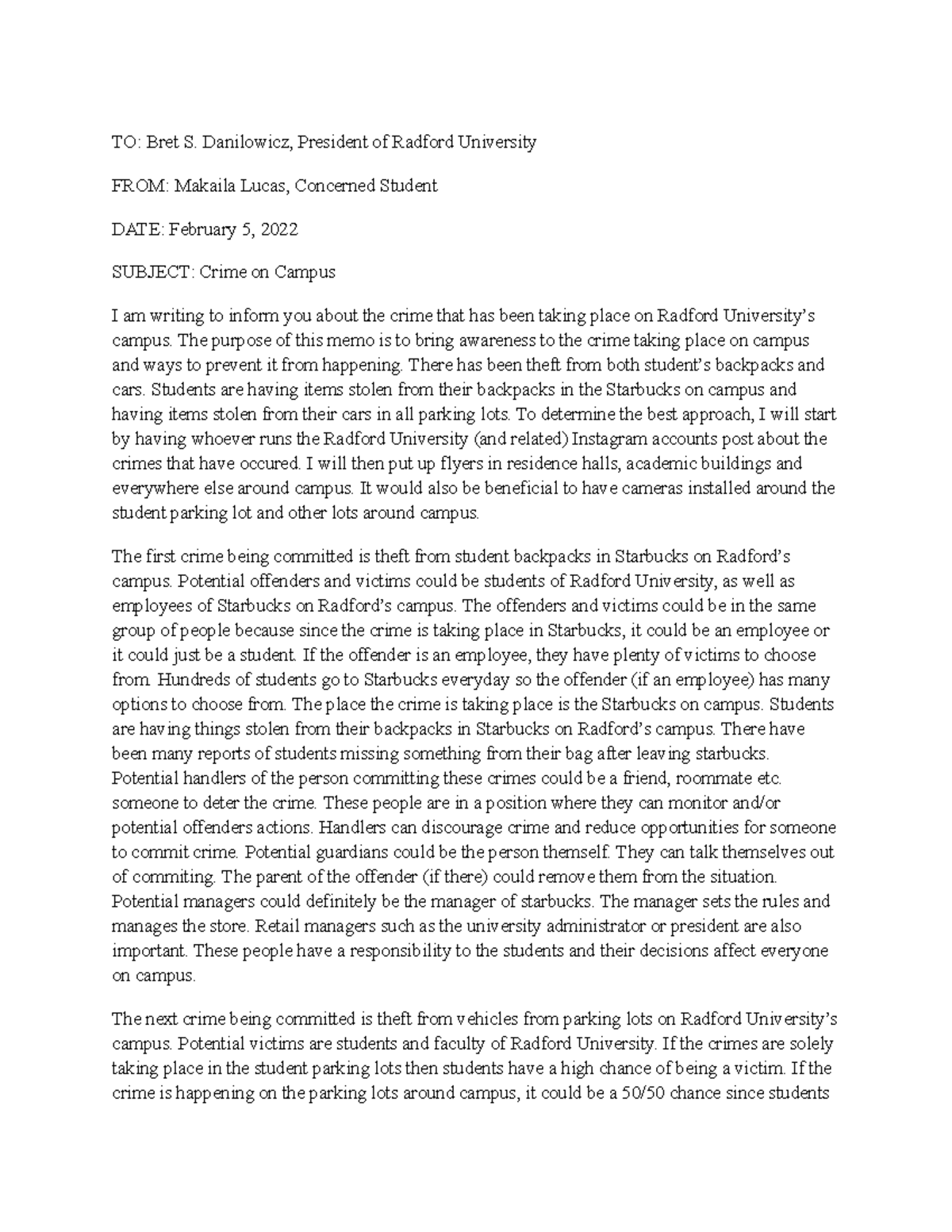 Assignment 1 CRJU310 - TO: Bret S. Danilowicz, President of Radford ...