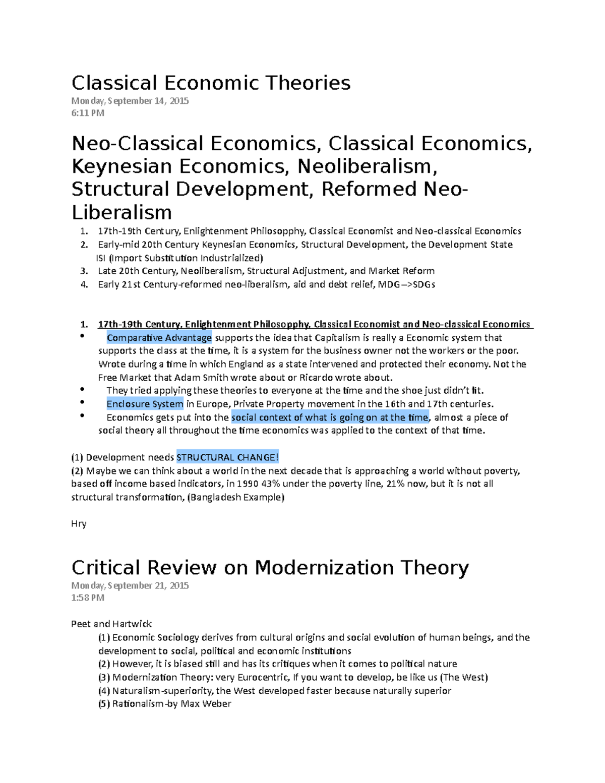 Development Theory Notes - Classical Economic Theories Monday ...