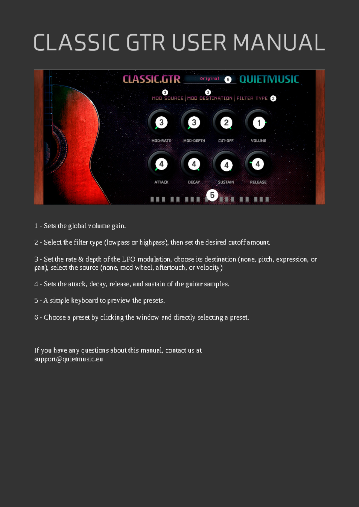 Classic GTR LITE USER Manual - 1 - Sets the global volume gain. 2 ...