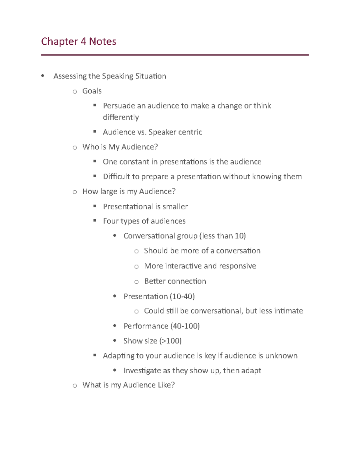 Chapter 4 Notes - Chapter 4 Notes Assessing the Speaking Situation o ...