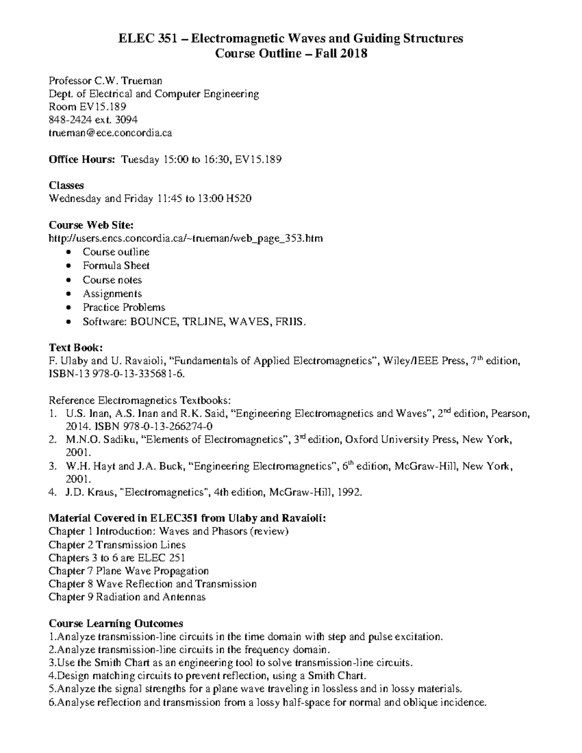 ELEC351 Outline Fall 2018 - ELEC 351 – Electromagnetic Waves and ...