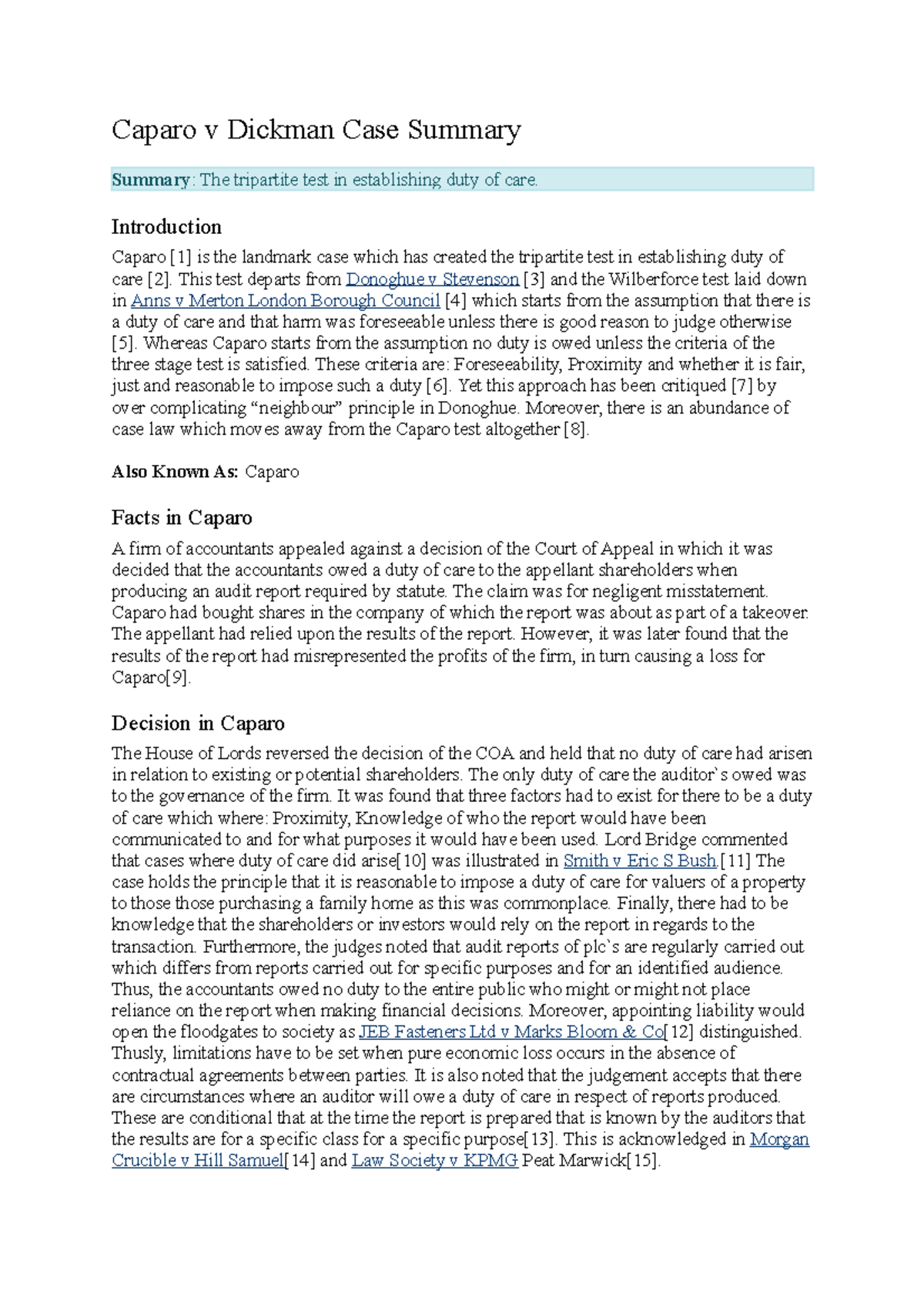 Caparo v Dickman Case Summary - Caparo v Dickman Case Summary Summary ...