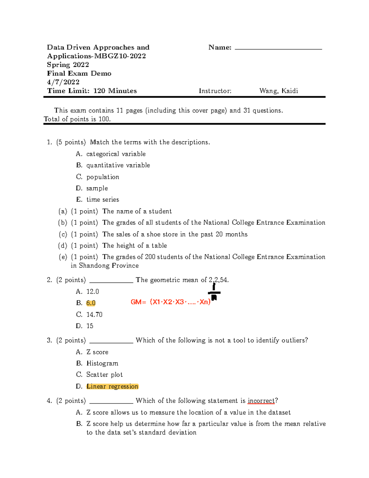 Demo exam - demo final exam materials - Data Driven Approaches and ...