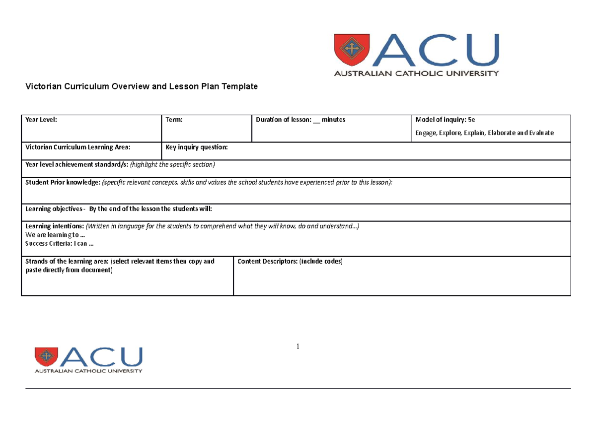 Victorian Curriculum Overview and Lesson Plan Template - ..) We are ...