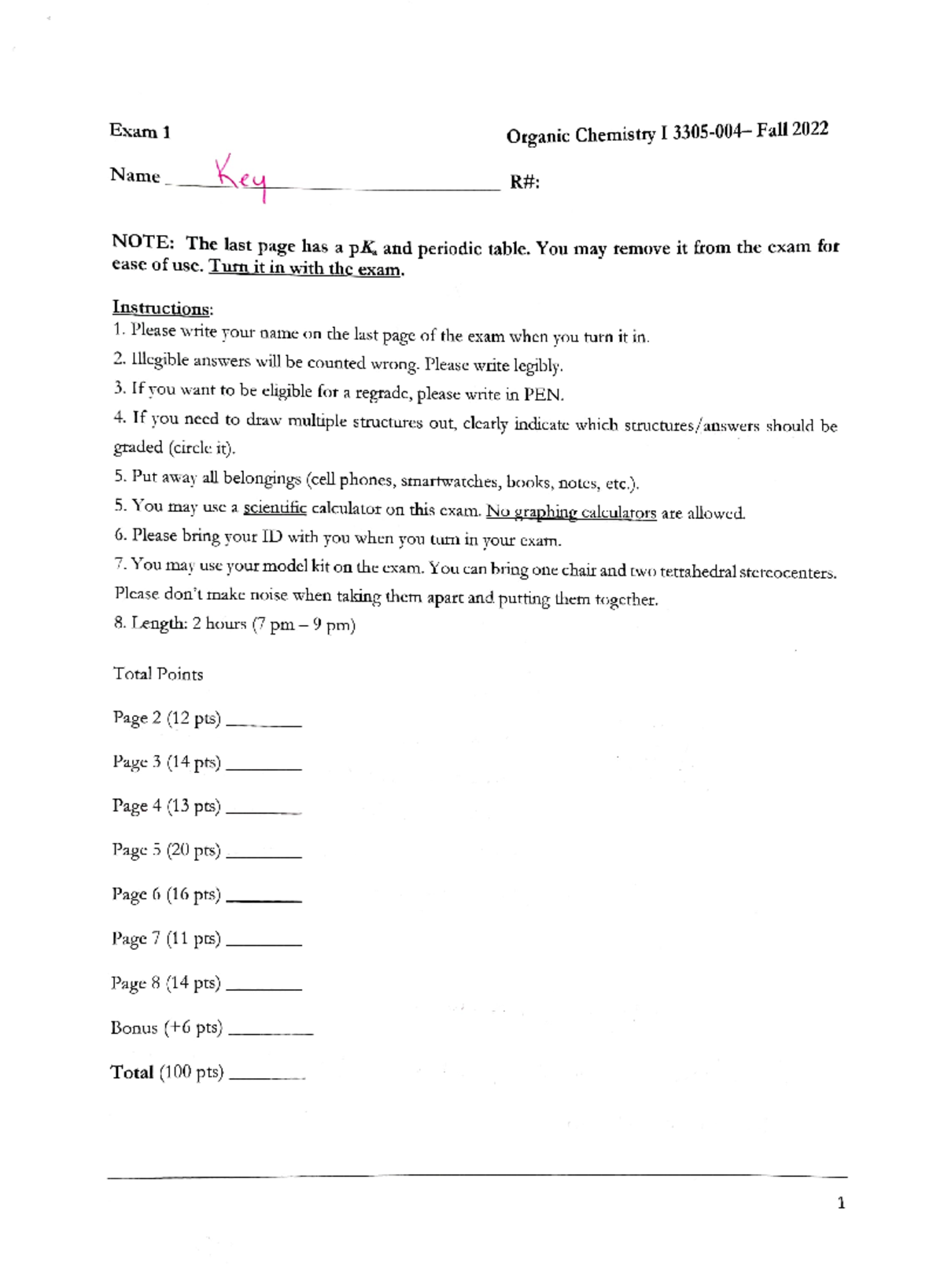 22 CHEM3306 Exam1 Key - Nac - Exam 1 Organic Chemistry I 3305-004- Fall ...