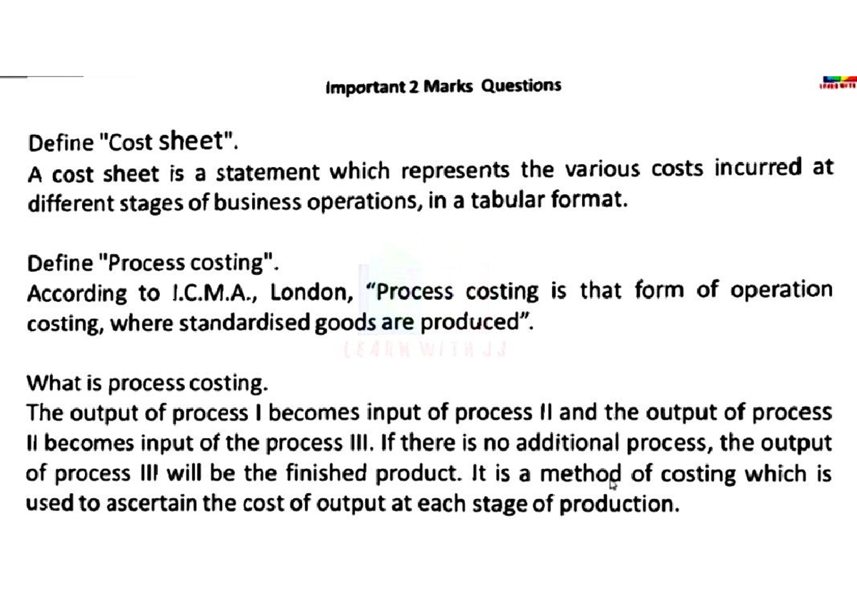 Advance cost accounting Important 2m questions - B.Com - Studocu