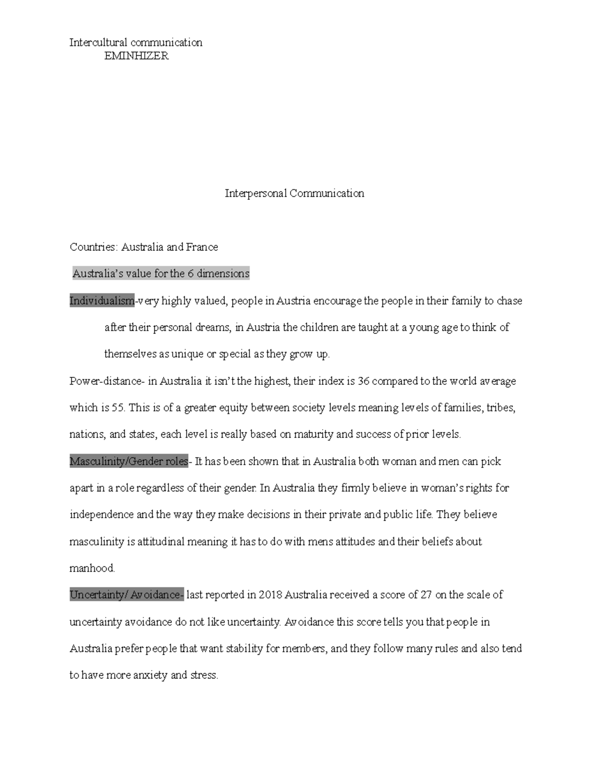 Document - comparing countries - Intercultural communication EMINHIZER ...