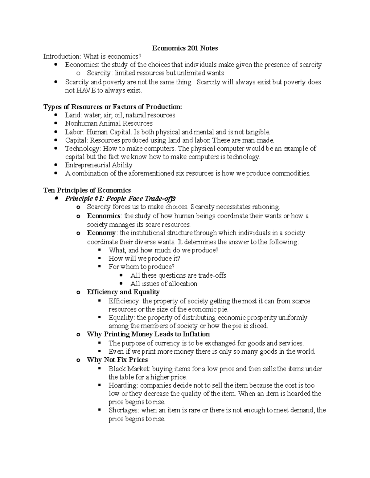 Notes for Eco 201 - Economics 201 Notes Introduction: What is economics ...