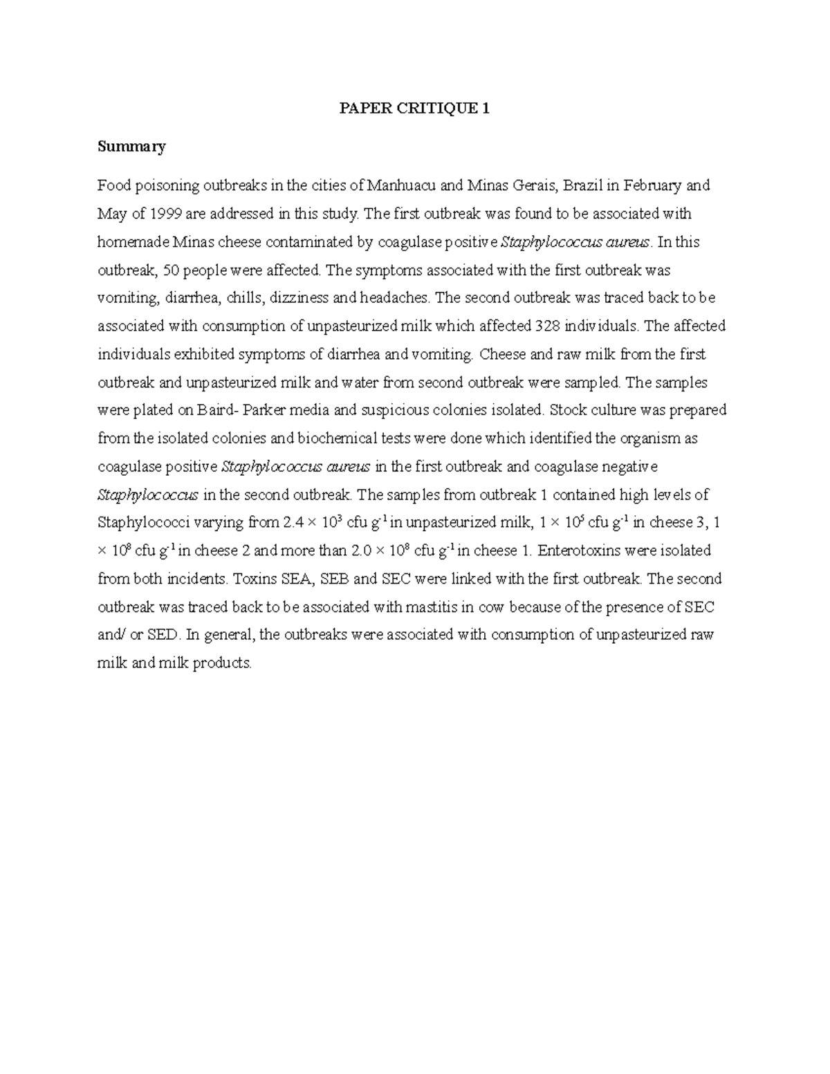 Paper Critique 1 - PAPER CRITIQUE 1 Summary Food poisoning outbreaks in ...