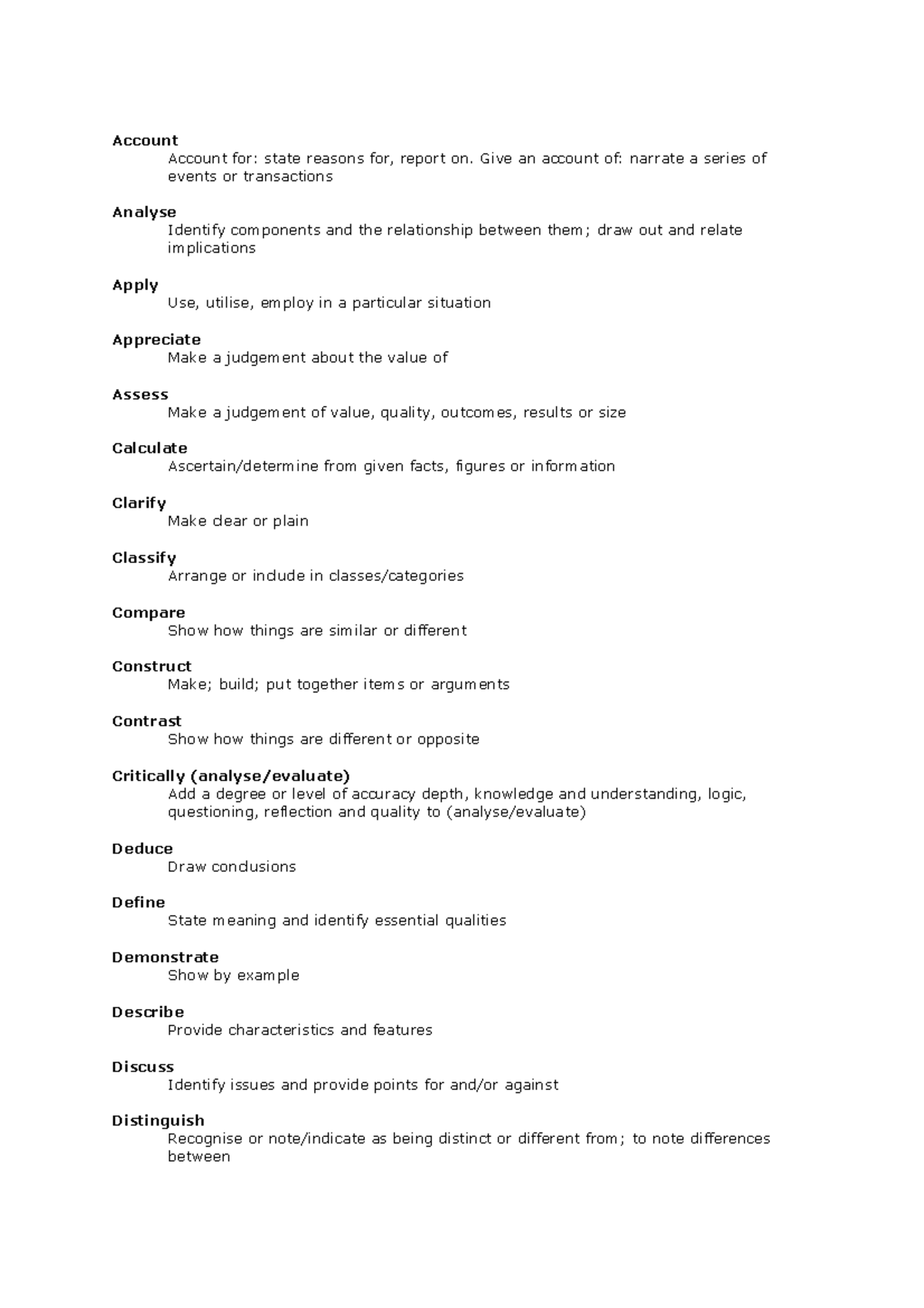 HSC Verbs - notes - Account Account for: state reasons for, report on ...