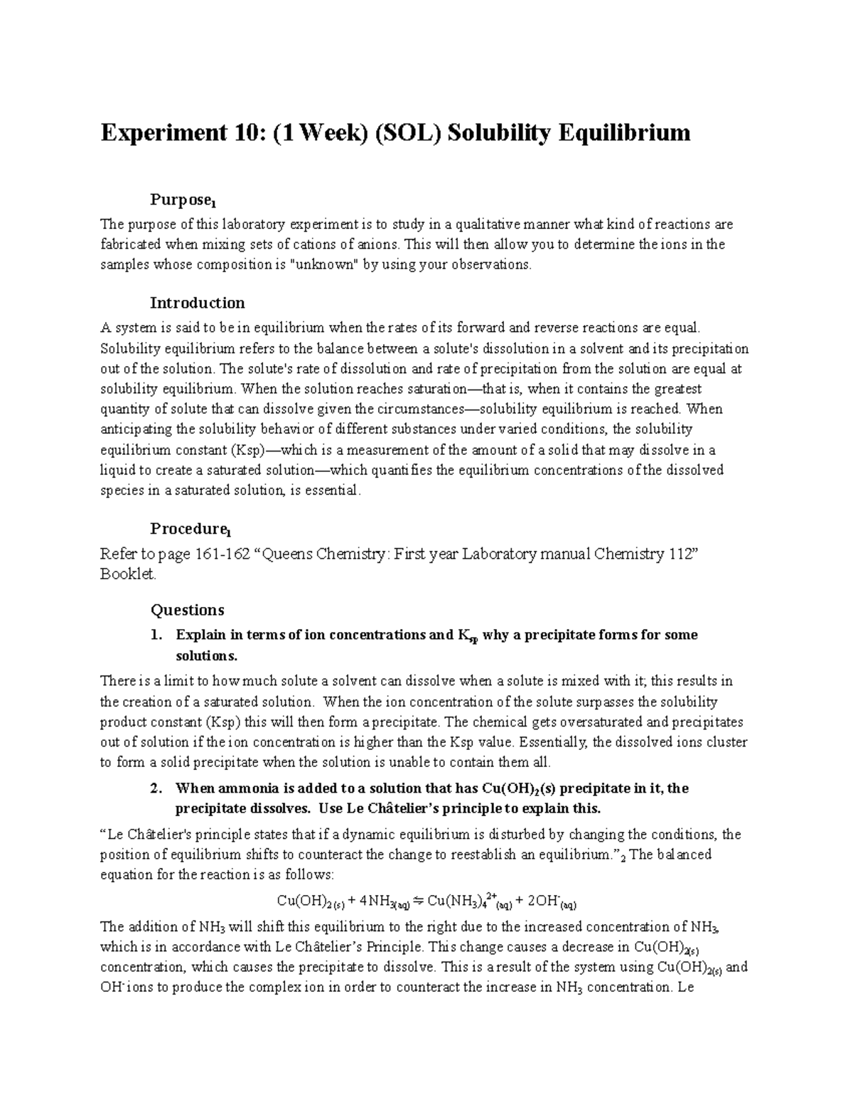 Experiment 10 (1 Week) (SOL) Solubility Equilibrium - Experiment 10: (1 ...