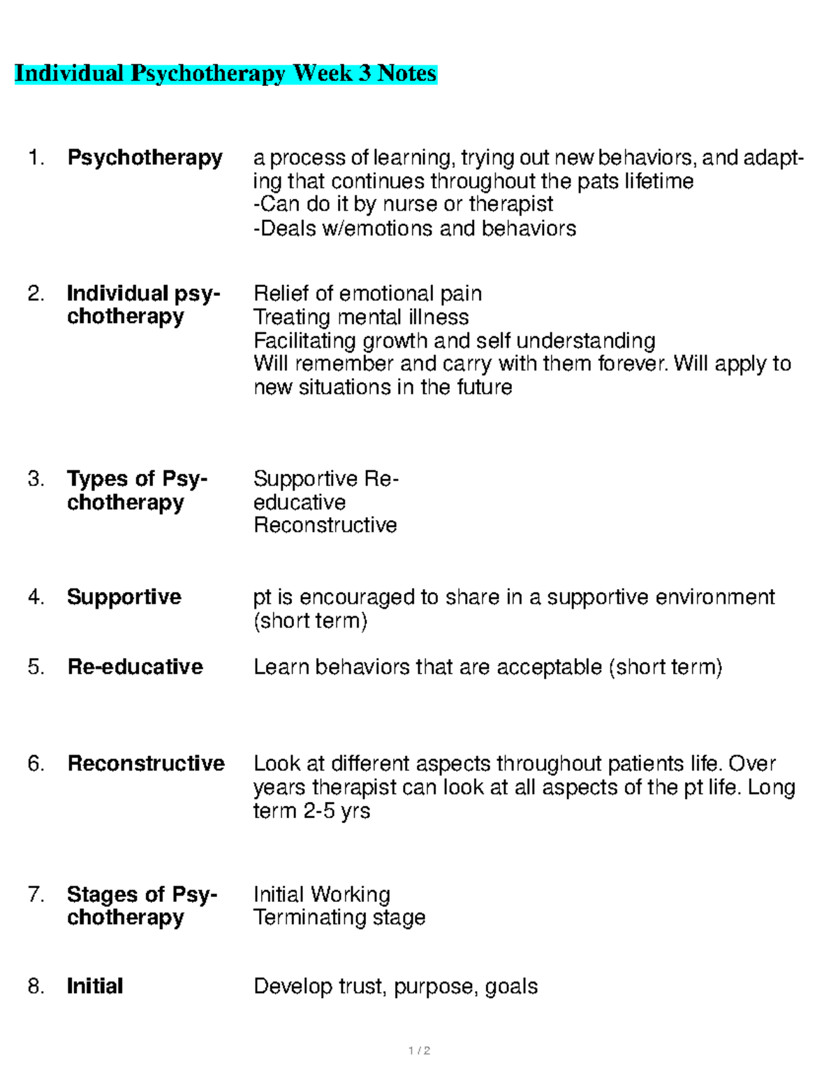Individual Psychotherapy Week 3 Notes - 1 / 2 Individual Psychotherapy ...