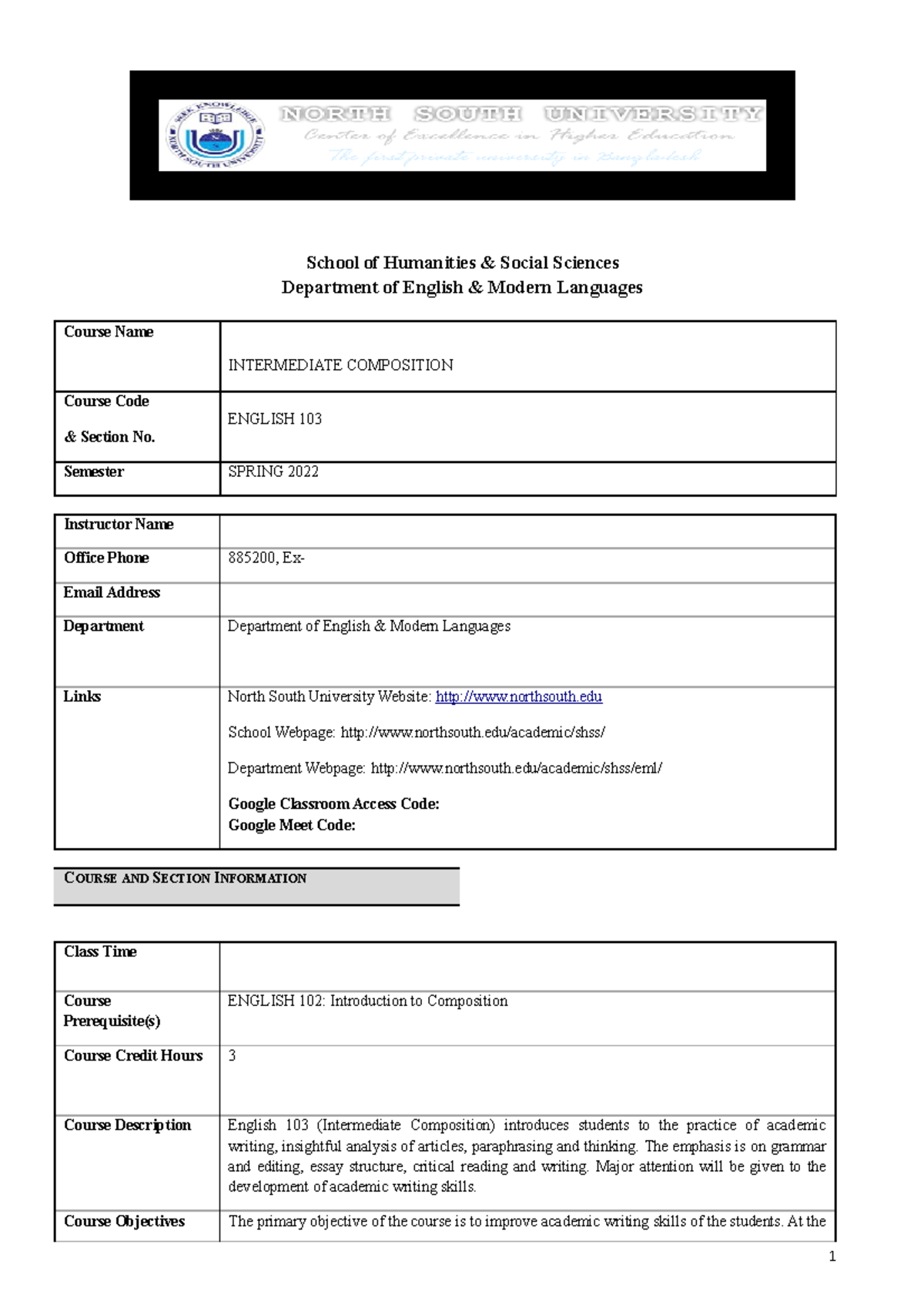 ENG103 Course Outline for Spring 2022 -972534133 - School of Humanities ...