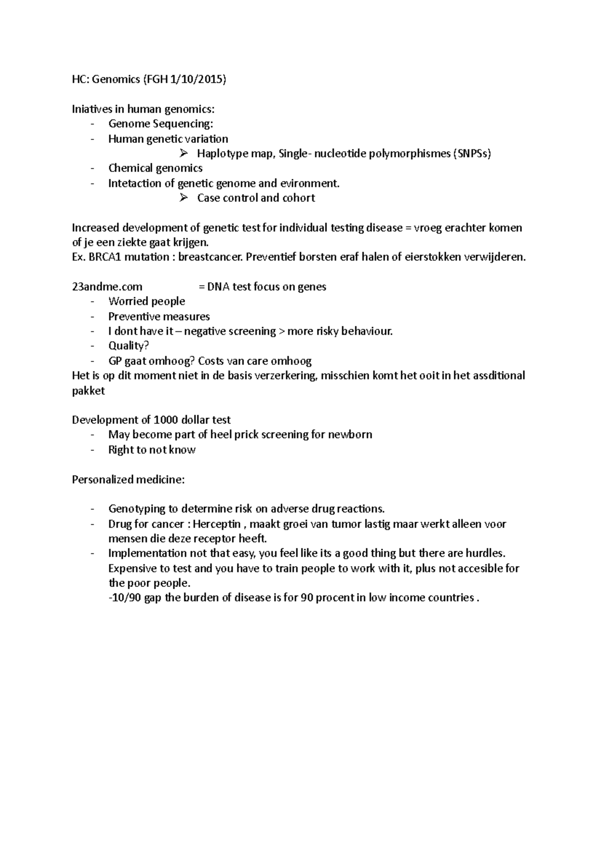 Lecture notes - Lecture genomics - HC: Genomics (FGH 1/10/2015 ...
