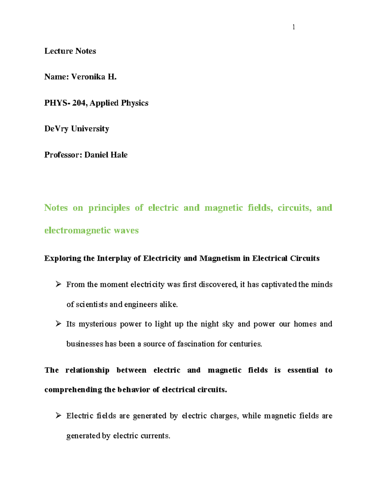 Notes on principles of electric and magnetic fields, circuits, and ...