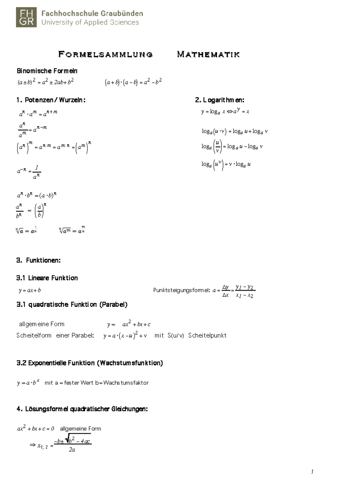 Formelsammlung - Mathematik - F o r m e l s a m m l u n gF o r m e l s a m m l u n g M a t h e m ...