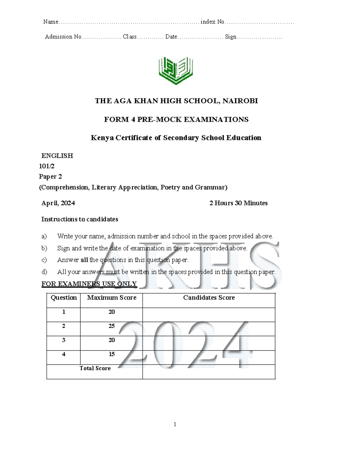 Form 4 Pre-Mock Eng PP2 April 2024 - - Studocu
